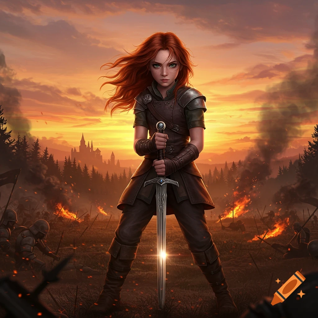 A red-haired girl in leather armor holds a sword, standing on a fiery battlefield at sunset with ...