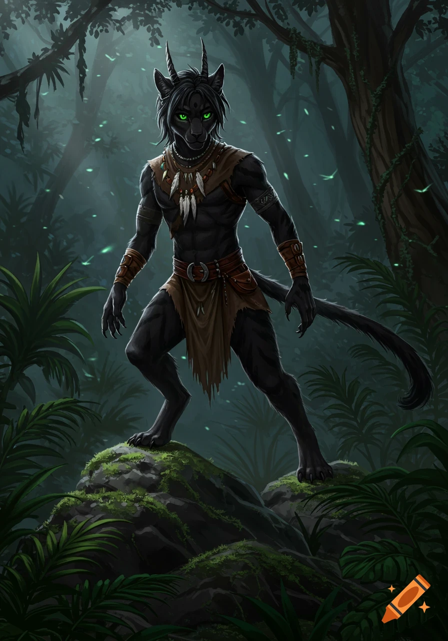A black panther-like Tabaxi ranger with glowing green eyes stands alert ...