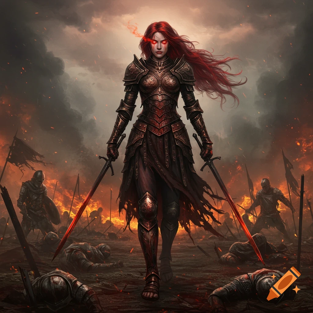 Female demon with horns and glowing eyes playing a shamisen in a ...