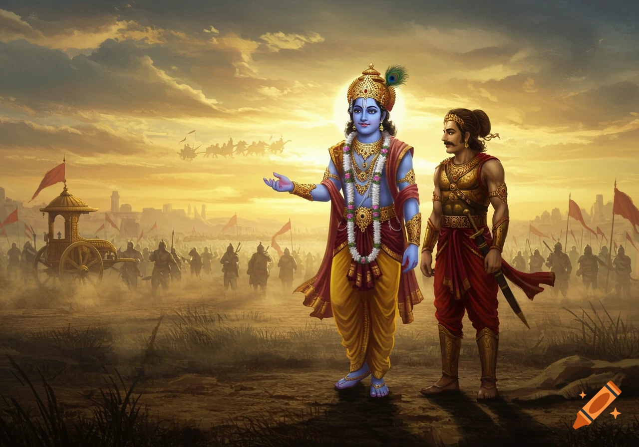 Digital art of blue-skinned Krishna and Arjuna on a battlefield with an ...