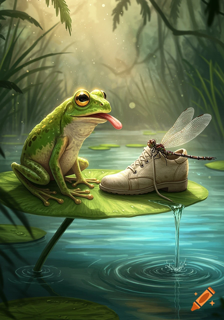 A colorful group of frogs on lily pads in a mystical pond at night. A ...