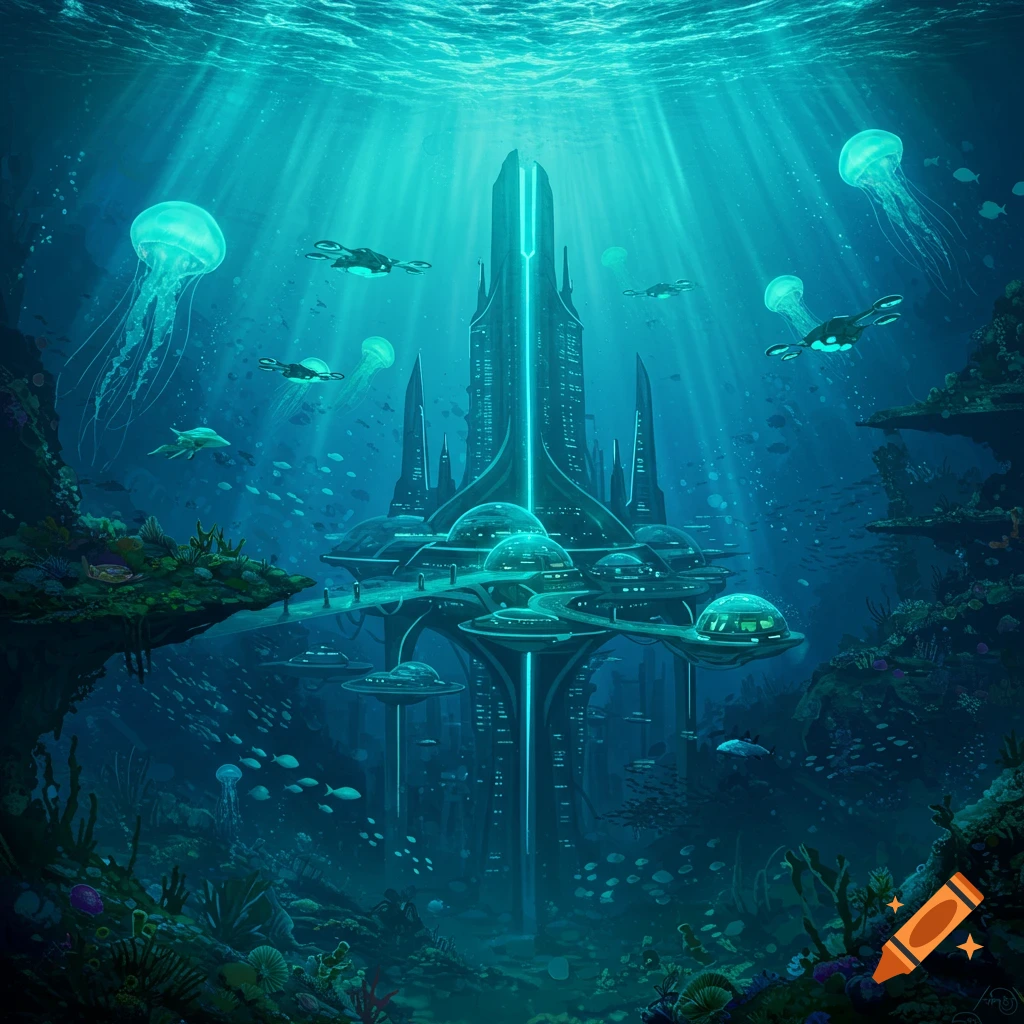 A vibrant, futuristic underwater city with towering buildings, glowing ...