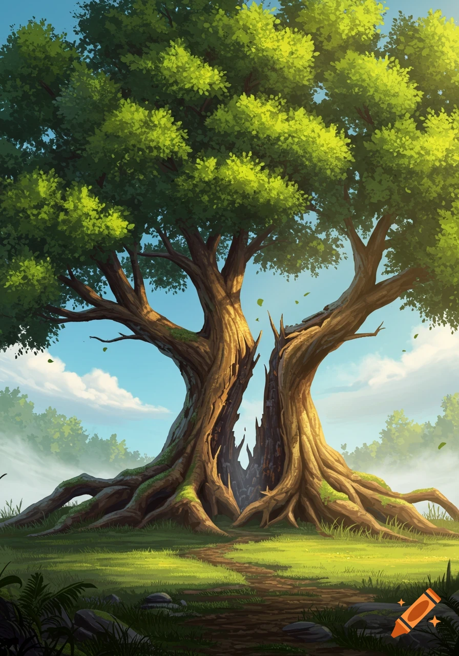 A large, ancient tree with a split trunk and exposed roots stands in a ...