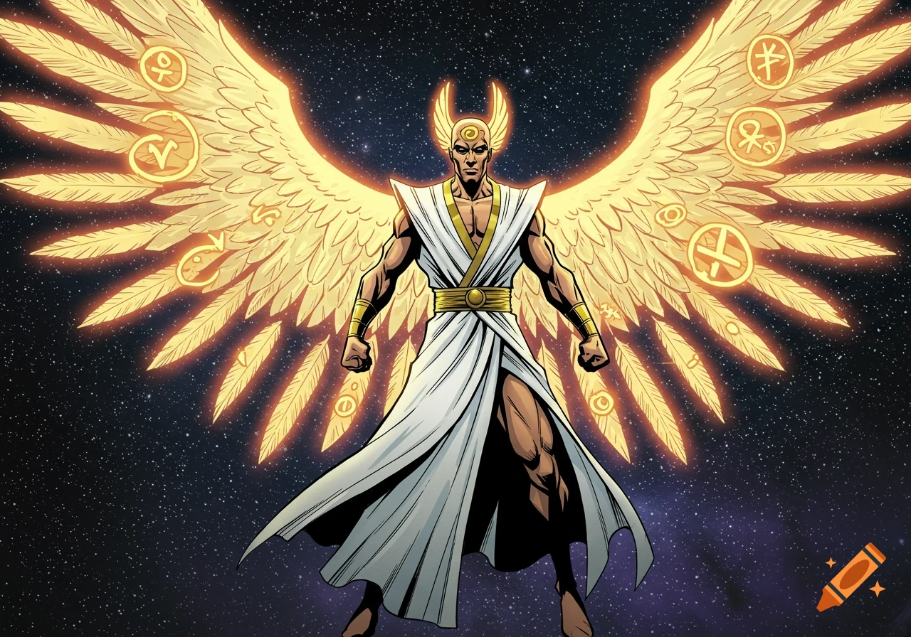 Winged silver-armored heroes battle a horned, red-eyed villain in a ...