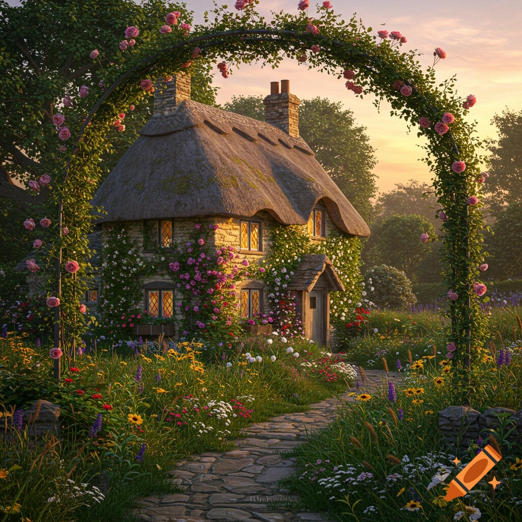 A woman rests on a wooden swing amidst a lush, sunlit fantasy garden ...