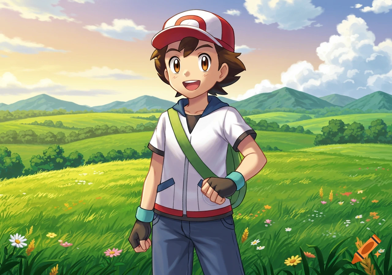 A smiling young Pokémon trainer wearing a red and white hat stands in a ...