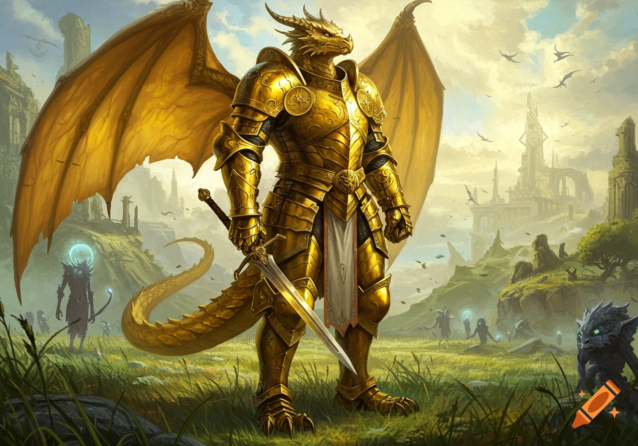 A golden Dragonborn paladin in full plate armor stands in a grassy ...