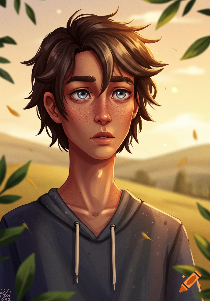 An illustrated portrait of a young man with sandy blond hair, green eyes, and freckles, standing ...