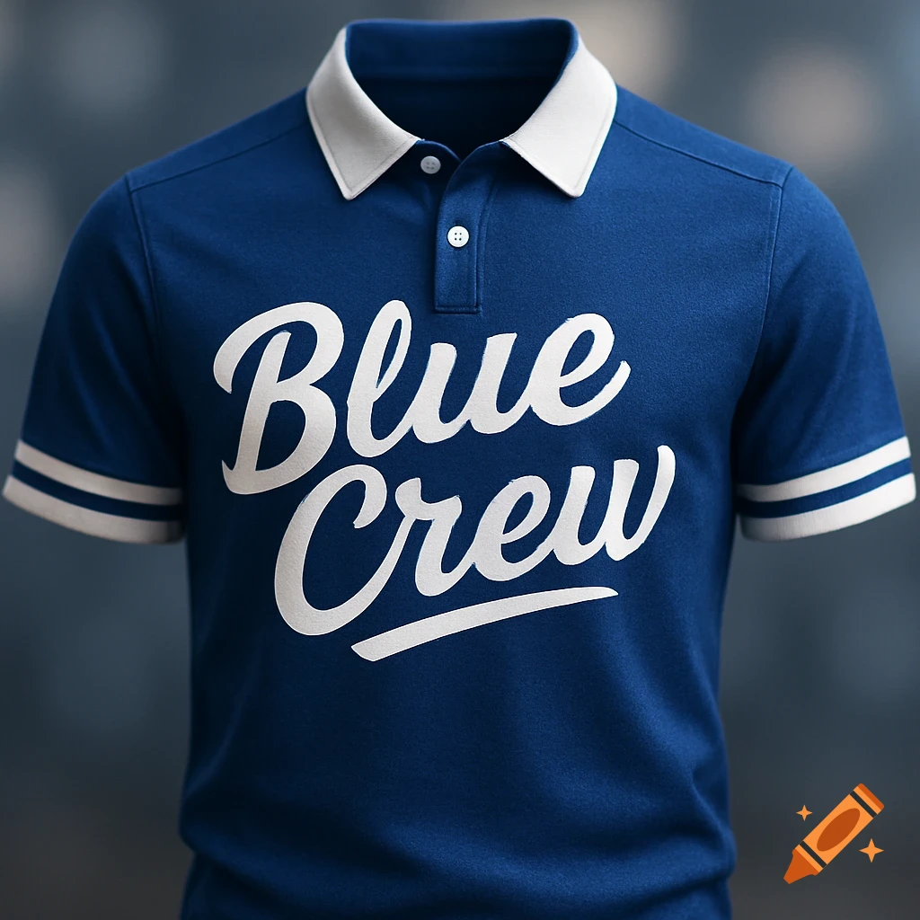 A close-up of a blue polo shirt with a white collar and two white ...