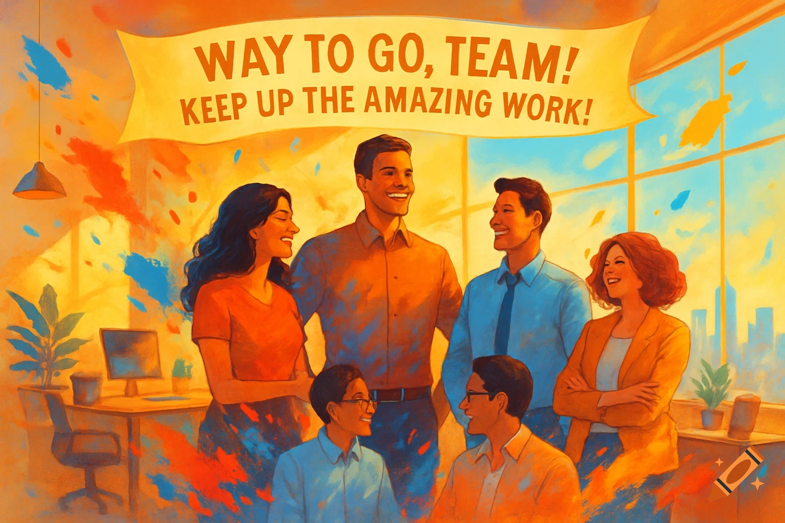 A vibrant, painterly illustration of a diverse team of smiling ...