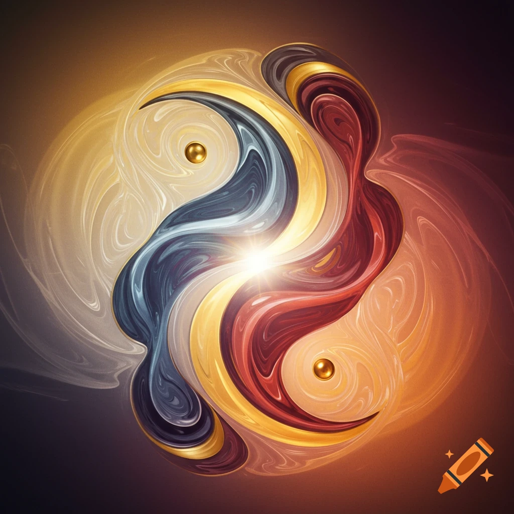 Vibrant, metallic-looking Yin and Yang symbol with a bright central ...