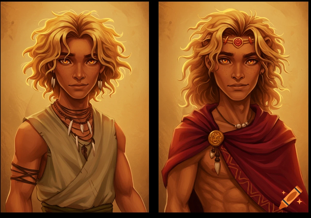 Stylized digital art portraits of a young man with golden hair and ...