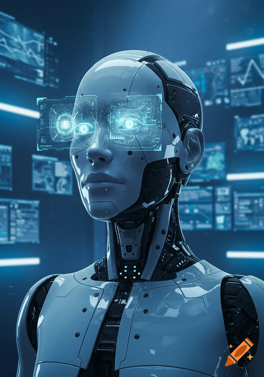 Close-up of a detailed, shiny chrome robot head with glowing blue eyes ...