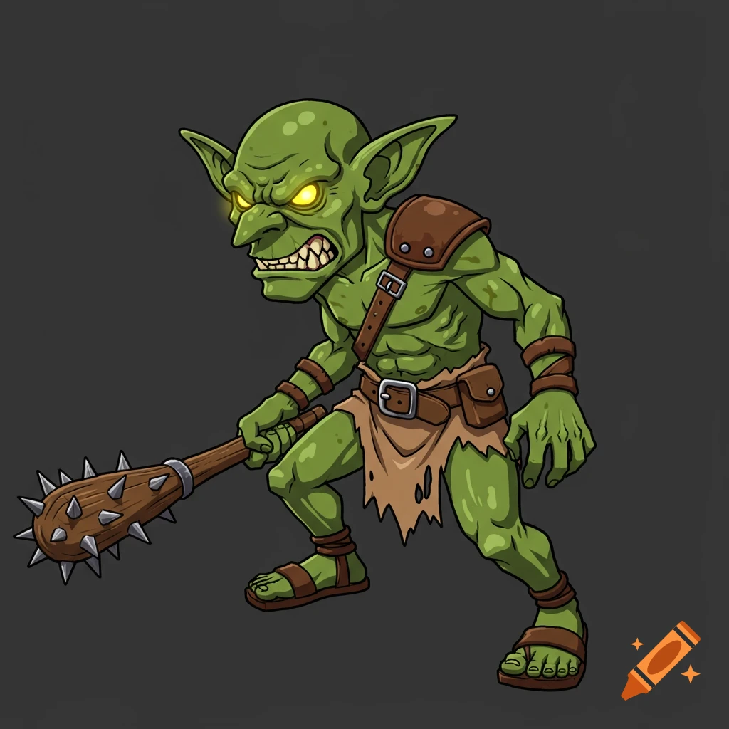 A cartoon JRPG-style green goblin with glowing yellow eyes, sharp teeth, and wearing leather ...