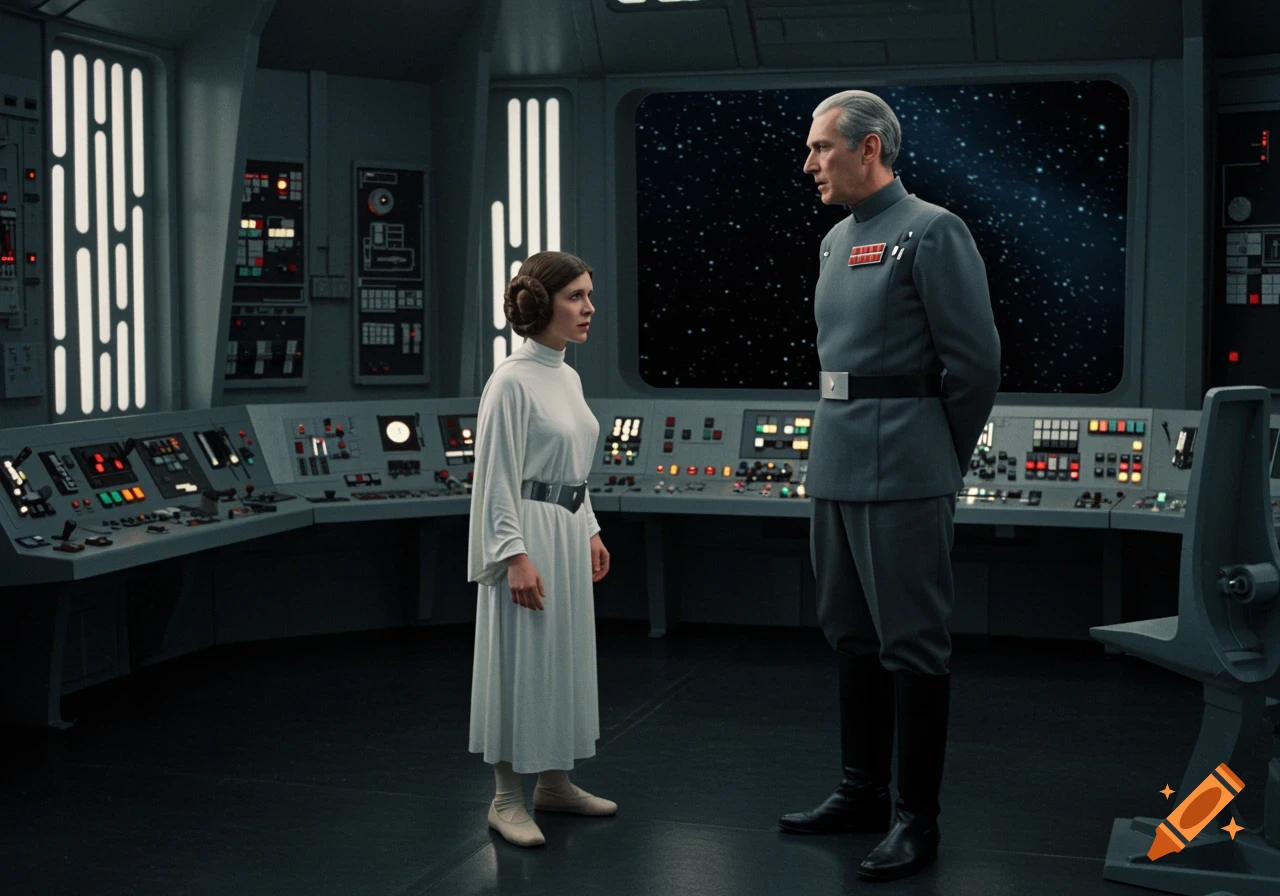 Princess Leia and Grand Moff Tarkin stand in a photorealistic Death ...