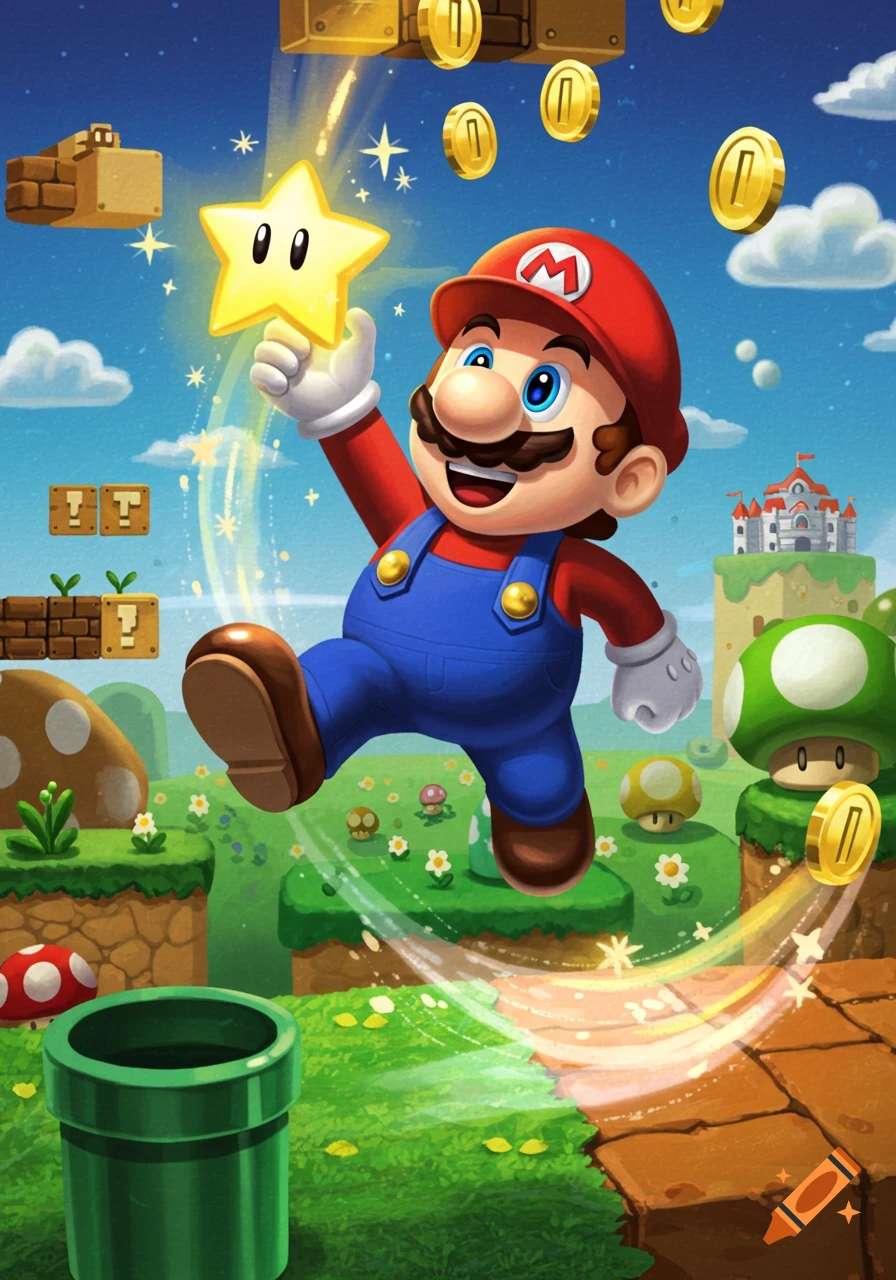Super Mario in a vibrant cartoon landscape, holding a yellow star ...