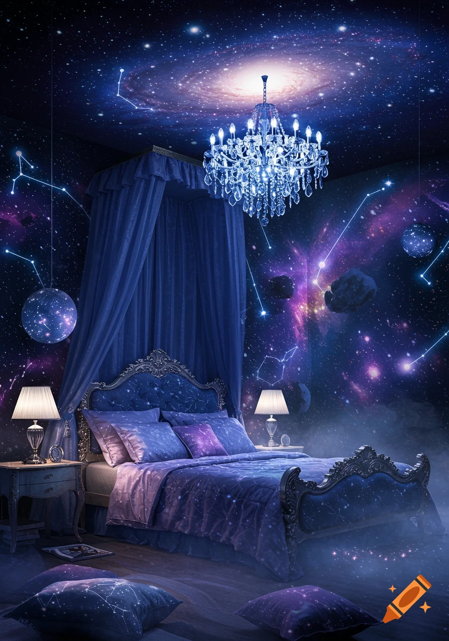 A bedroom decorated with a cosmic theme, featuring a galaxy ceiling ...
