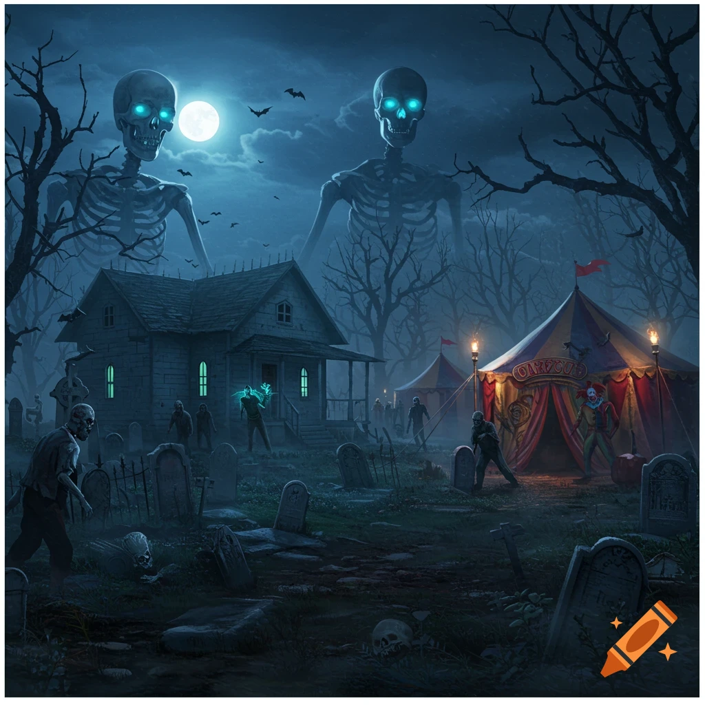 A dark, spooky scene with giant skeletons looming over a haunted house ...