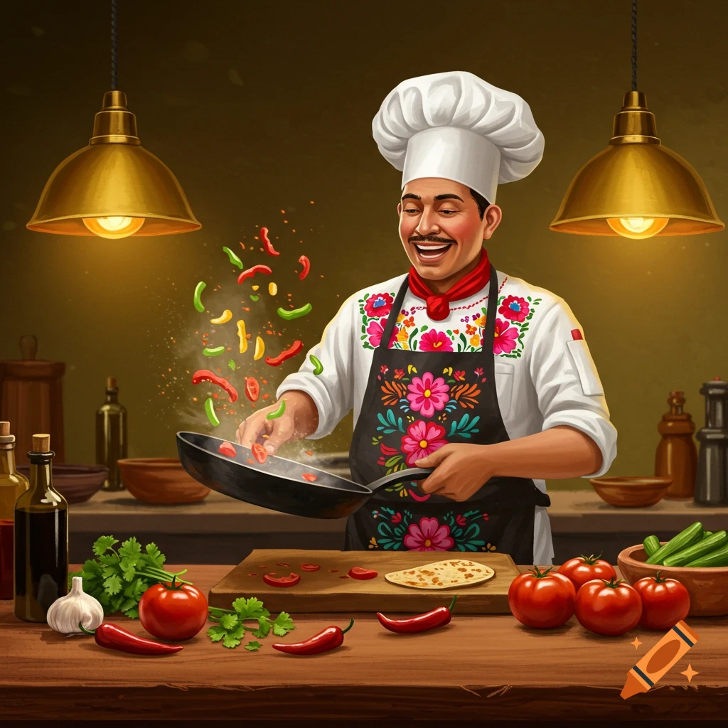 A cheerful Mexican chef in a vibrant apron tosses colorful vegetables ...