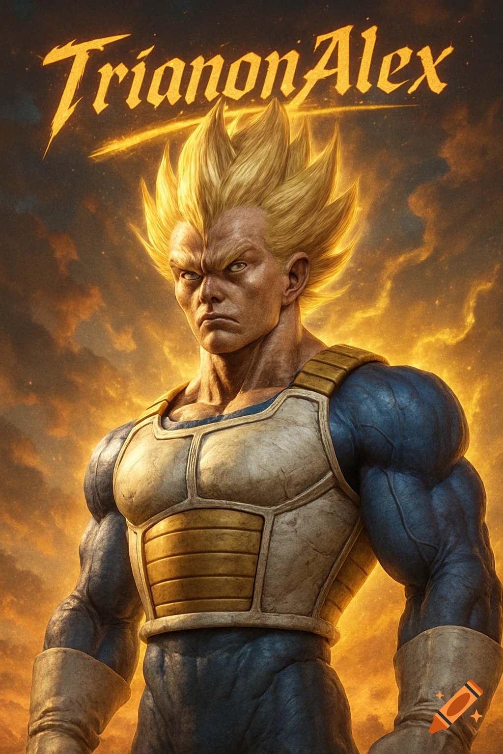 A realistic, muscular Vegeta from Dragon Ball Z with blond spiky hair ...