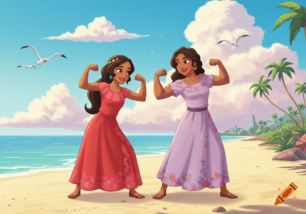 Two cartoon women, Mulan and her mother, flex their muscles on a sunny ...
