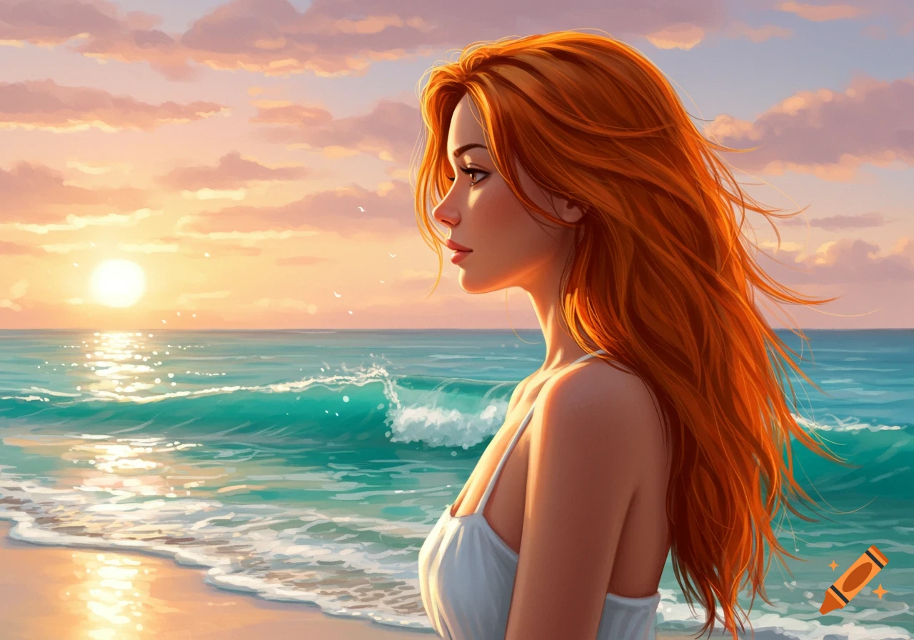 Two women with orange and red hair in bikinis hug on a beach at sunset ...