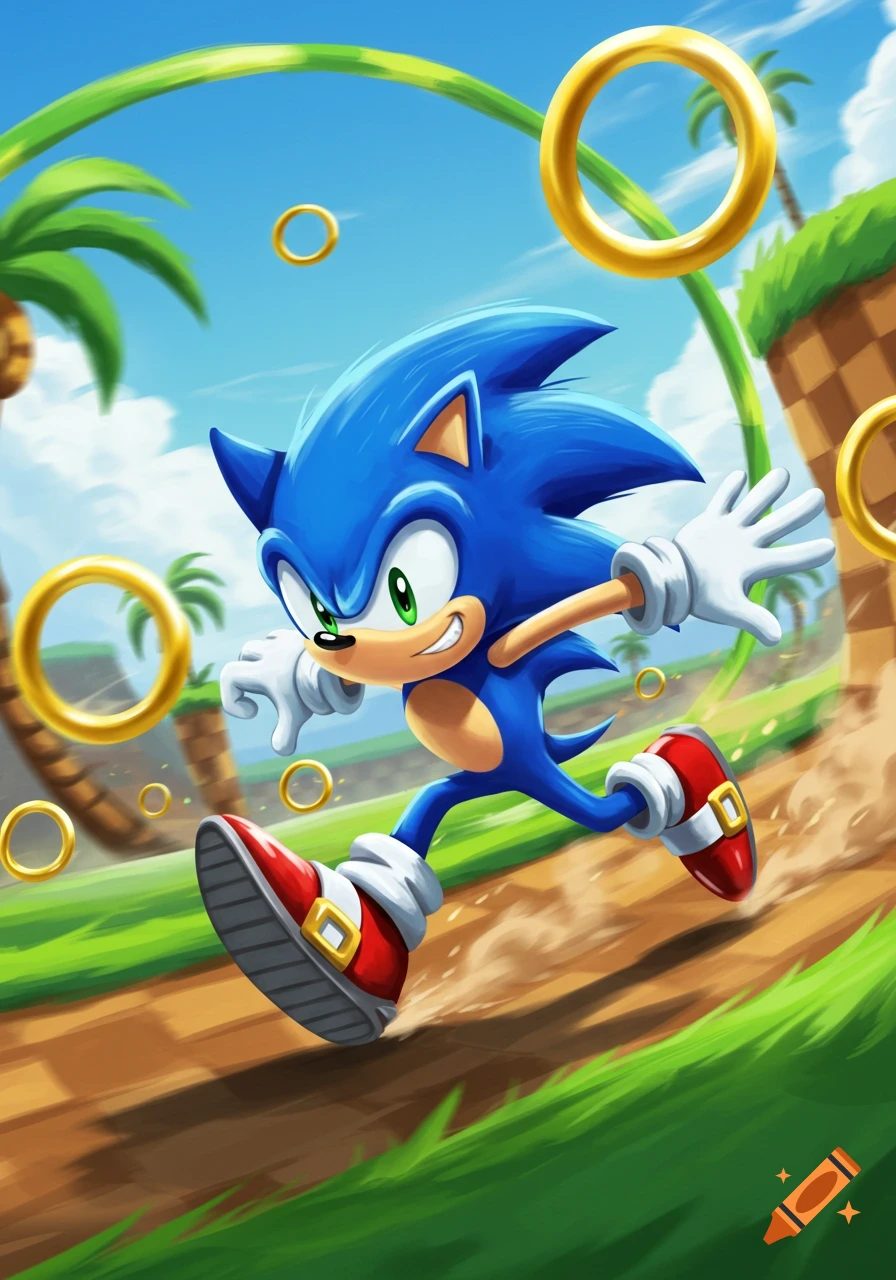 Sonic the Hedgehog dashes down a city street with red loops and golden ...