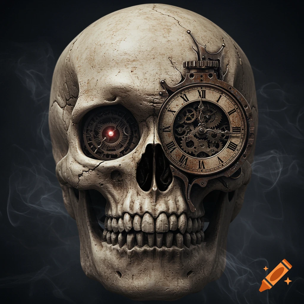 Eerie glowing skeleton intertwined with intricate mechanical gears ...