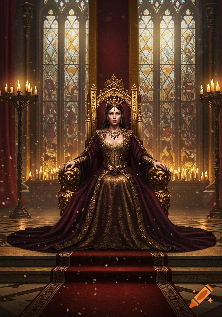 An empress with a crown and elaborate red and gold gown sits on a ...