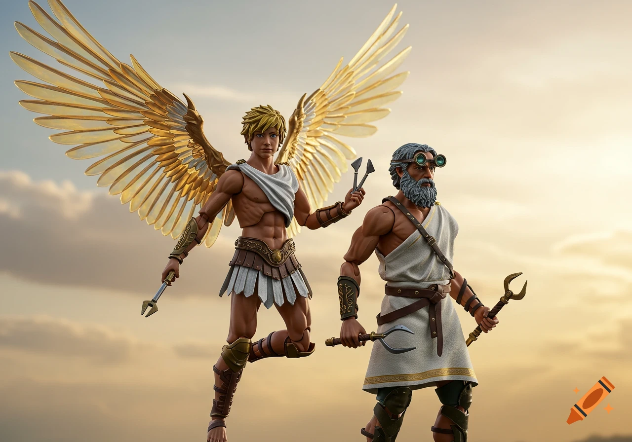 Photorealistic action figures of Icarus with golden wings and Daedalus ...