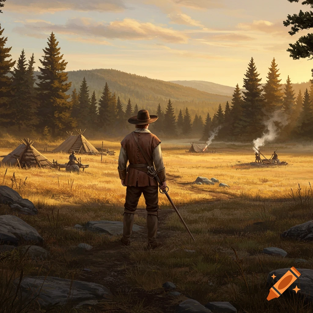 An early American colonist stands in a golden field at sunset, looking ...