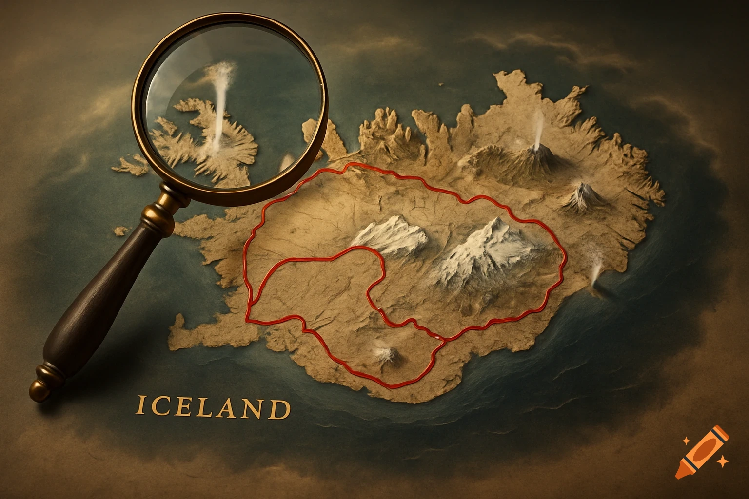 A vintage-style map of Iceland with a magnifying glass over the ...