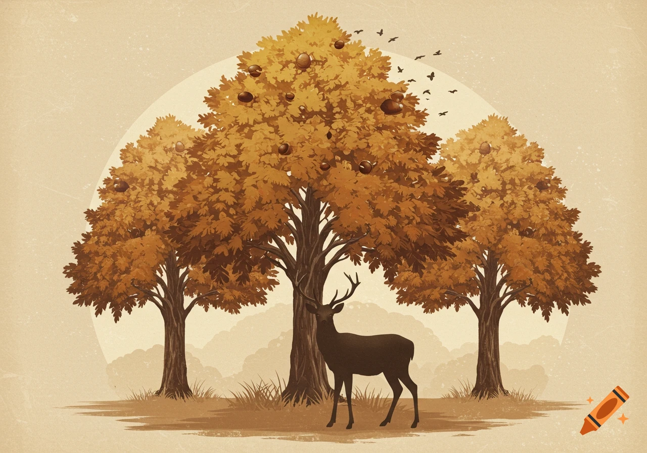 A vintage illustration of a deer standing in front of three autumn ...