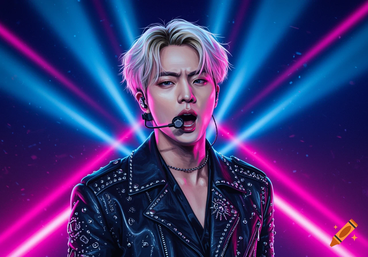 Photorealistic portrait of a Korean male idol with dark hair in a black ...