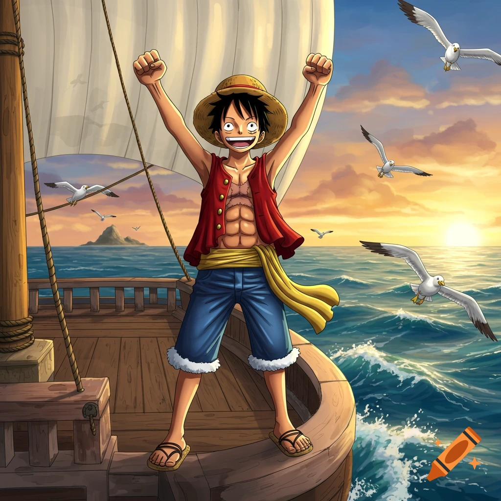 Luffy from One Piece stands on a small wooden boat with pirate flags ...