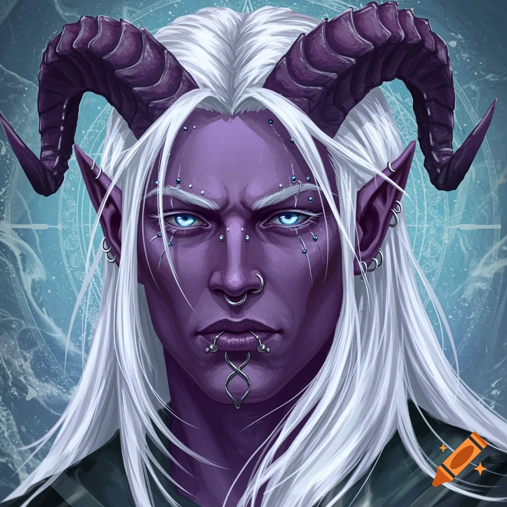 Tall female tiefling with white hair, red skin, and gold eyes on Craiyon