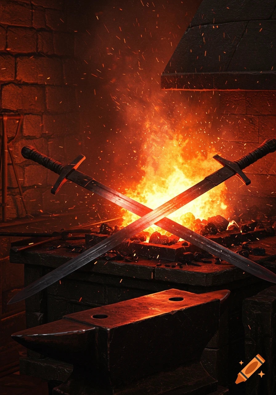 Two glowing swords crossed over a blazing forge with an anvil in a dark blacksmith's workshop ...