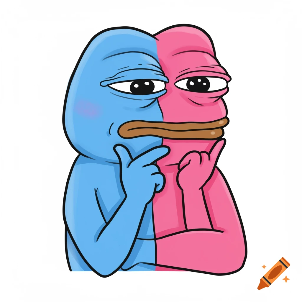 A cartoon character in the style of Pepe the Frog, split vertically ...