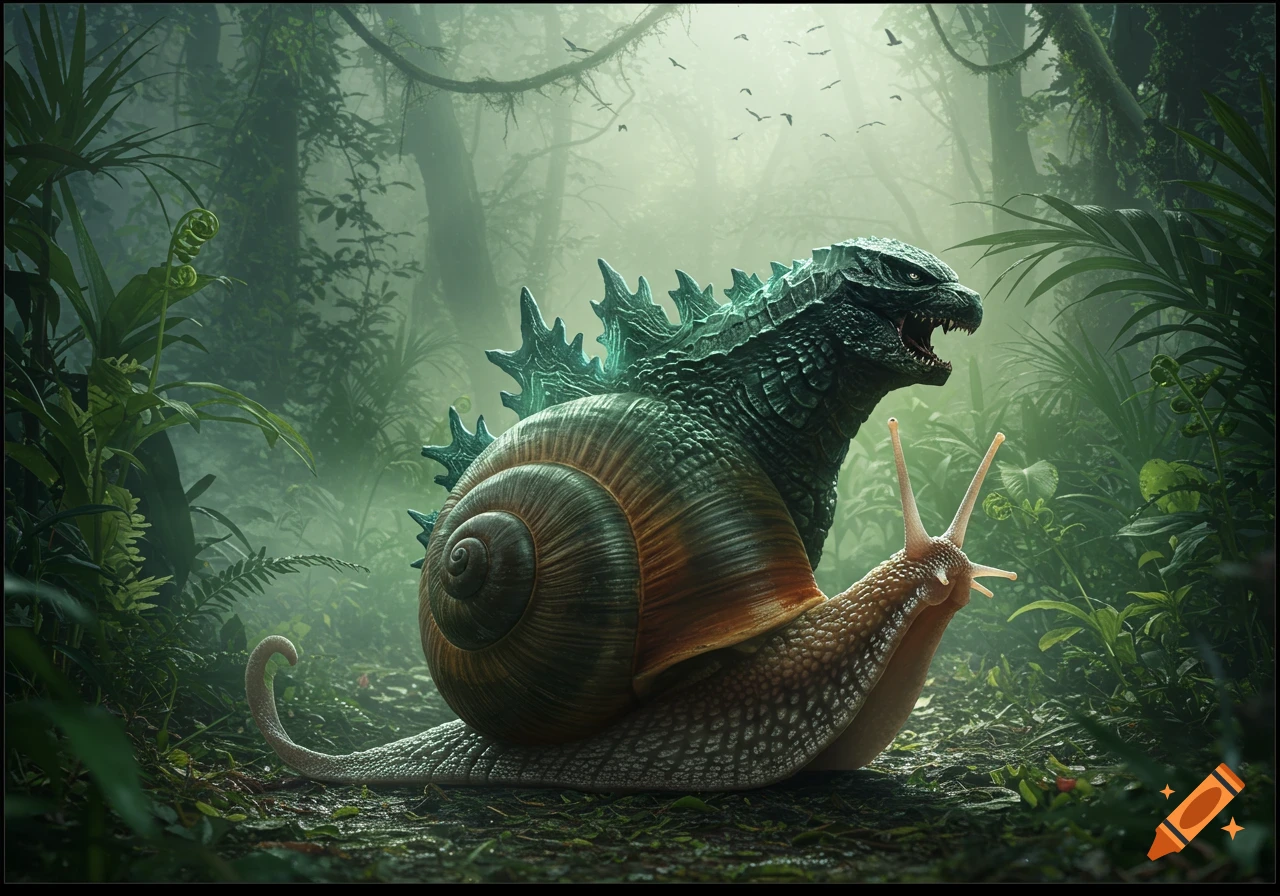 A detailed photorealistic snail with a Godzilla shell on a misty jungle ...