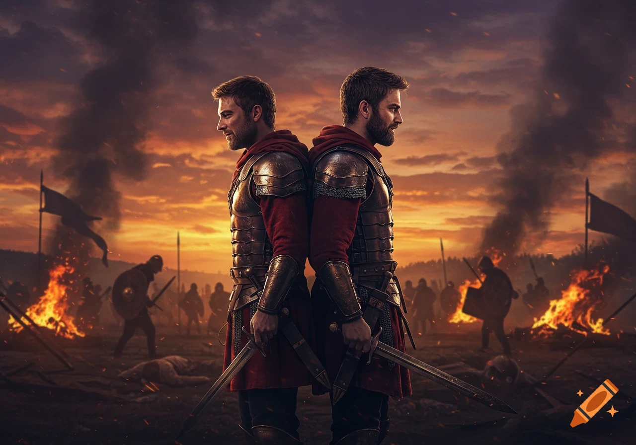 Two armored warriors stand back-to-back, holding swords, against a ...