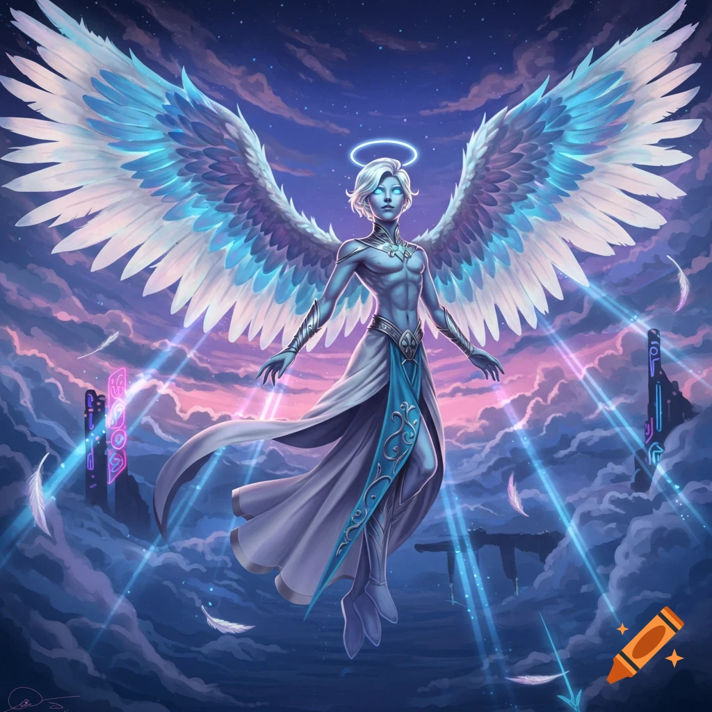 A blue-skinned angel with large white and blue wings and a halo floats ...