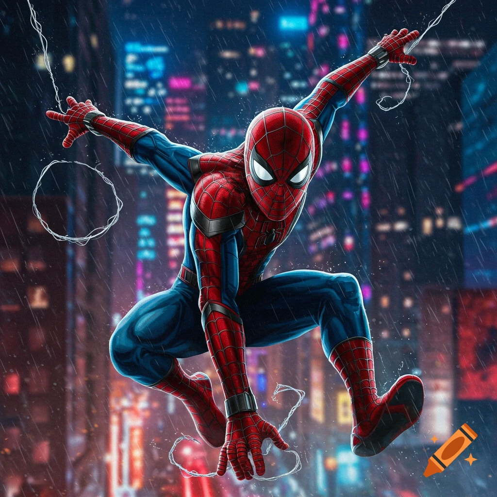 Chibi Spider-Man in a fedora and trench coat, crouching in a dark city ...