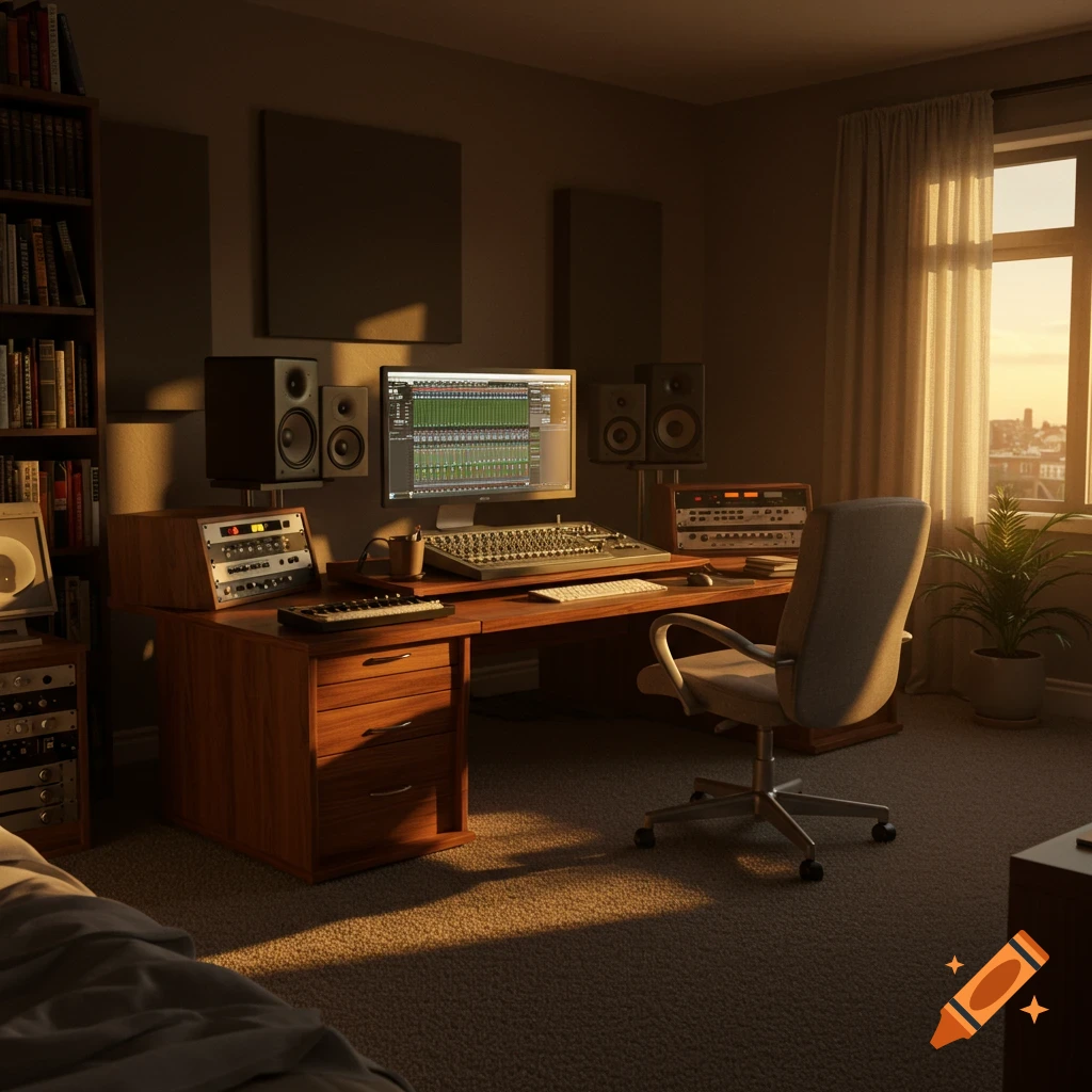 A cozy, warm-lit music production studio with a large wooden desk ...