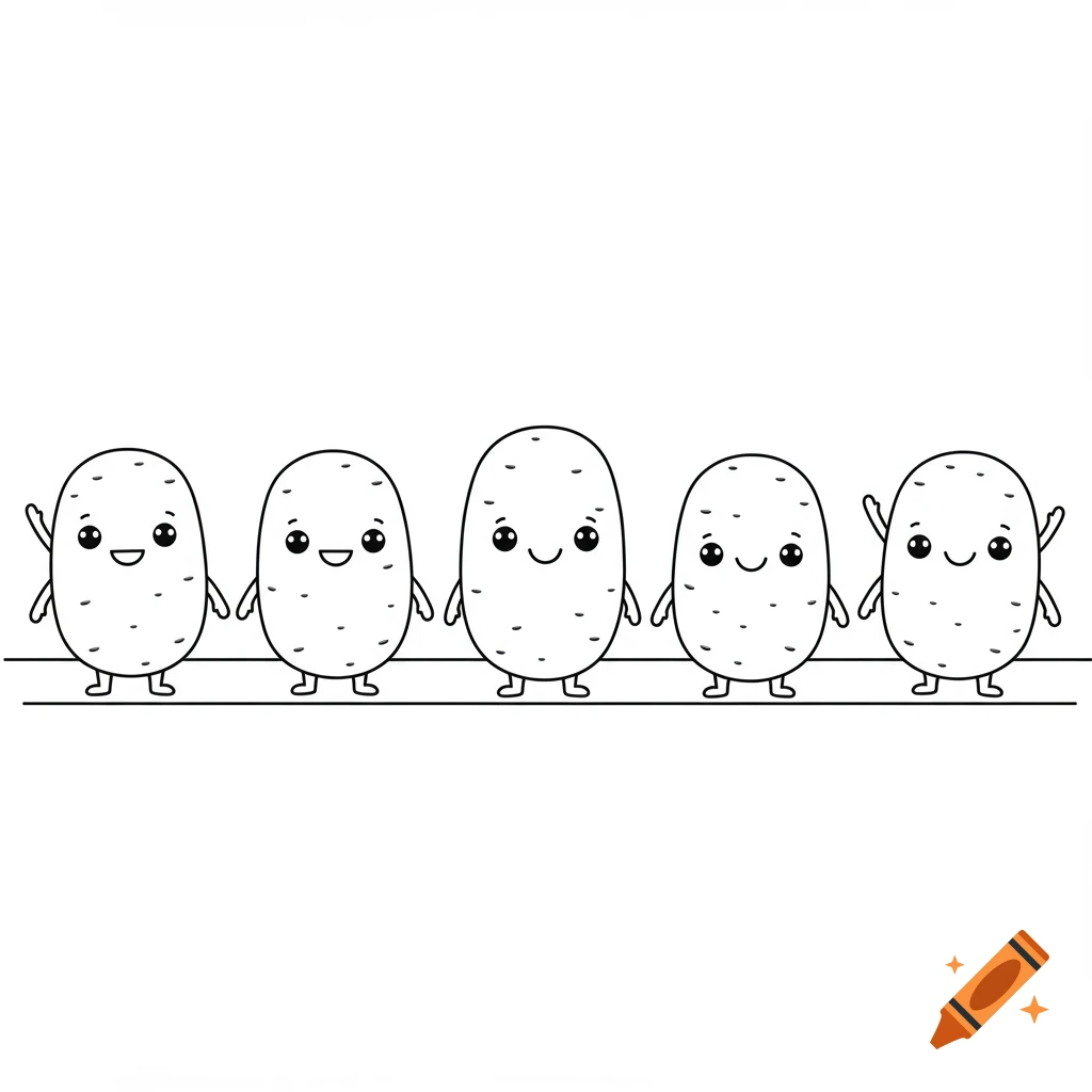 Black and white line art of five cute cartoon potatoes with smiling ...