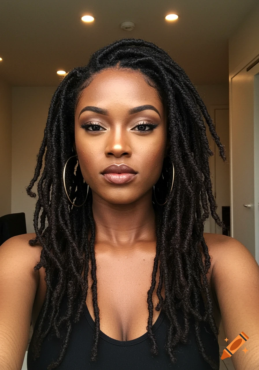Photorealistic portrait of a black woman with long locs, bold makeup ...
