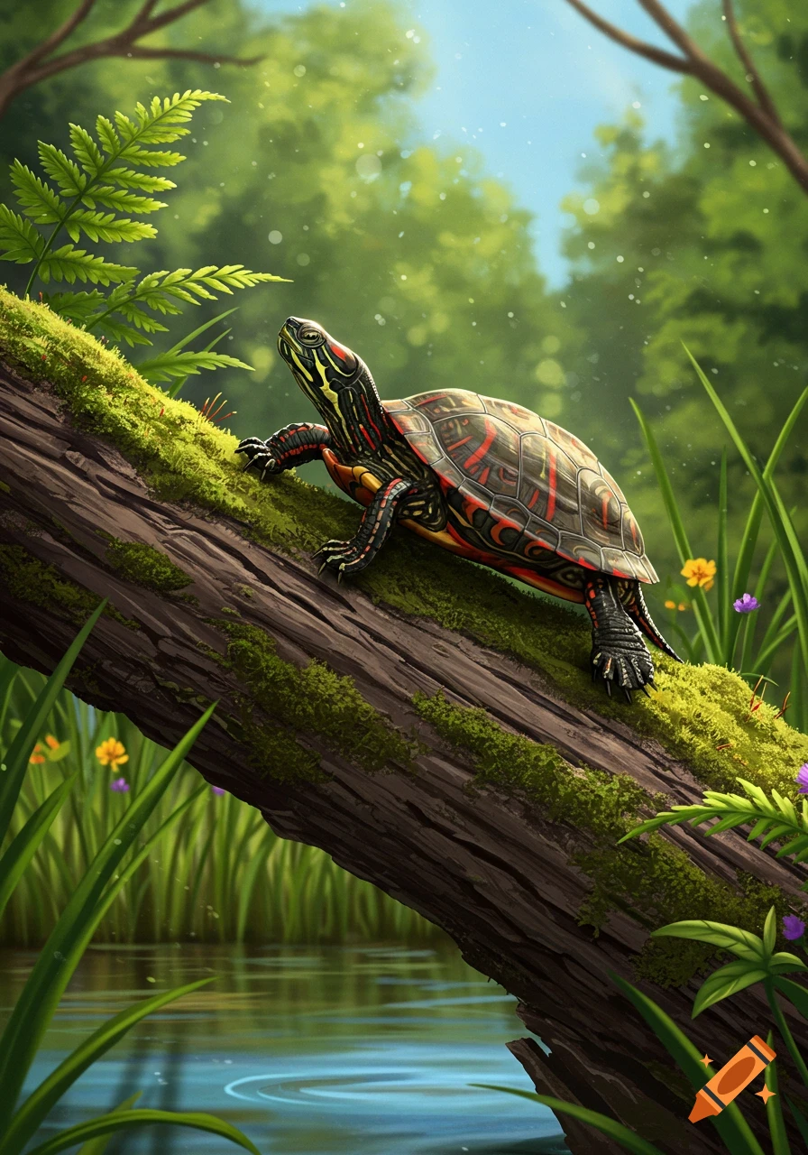 A photorealistic alligator lies on a mossy log with an open book in a ...