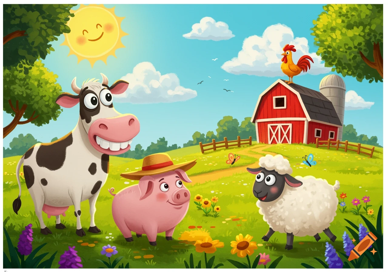 Cartoon puzzle showing a farm scene with a cow, rooster, sheep, and pig ...