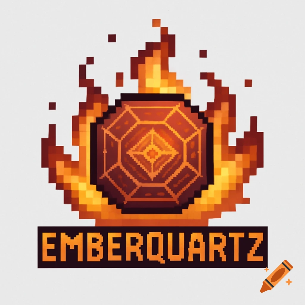A pixel art logo featuring an orange gem engulfed in flames, with the ...
