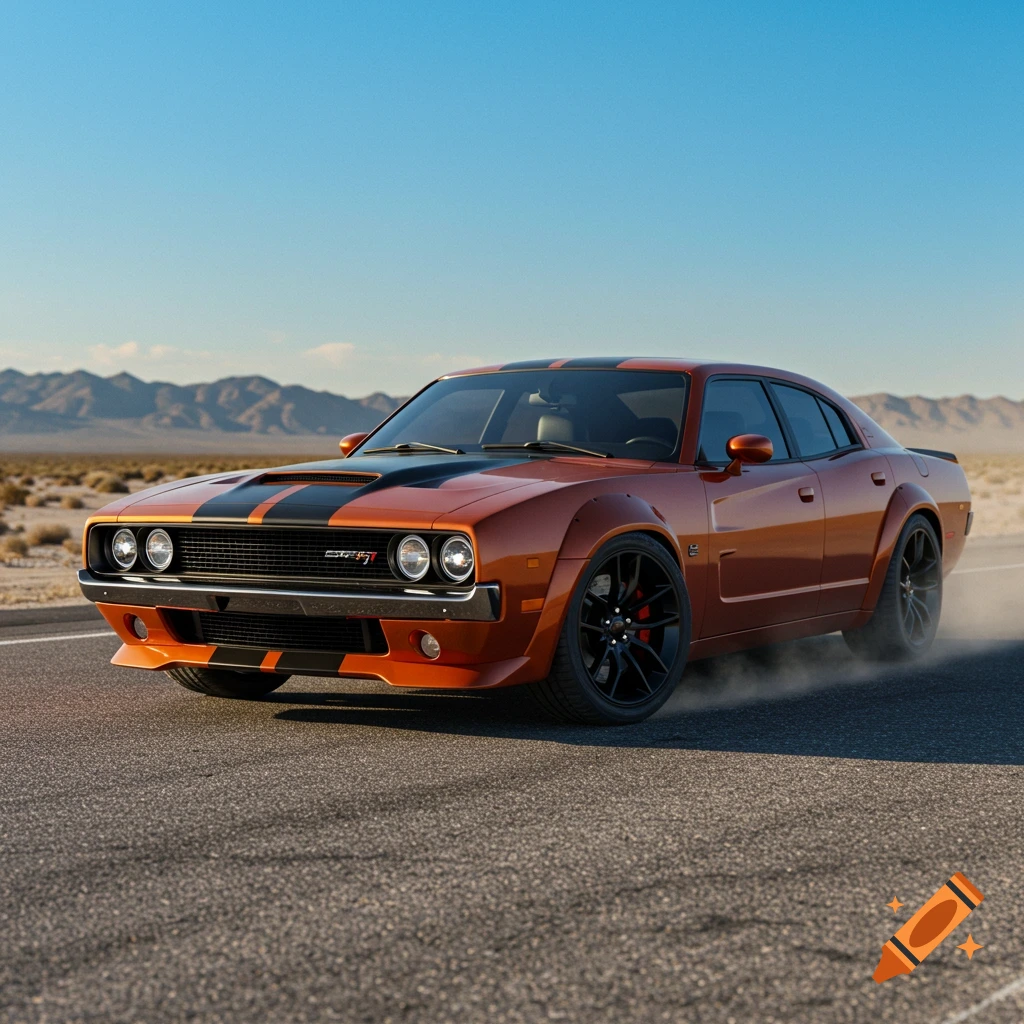 A customized black 1969 Dodge Charger with three axles drives on a ...