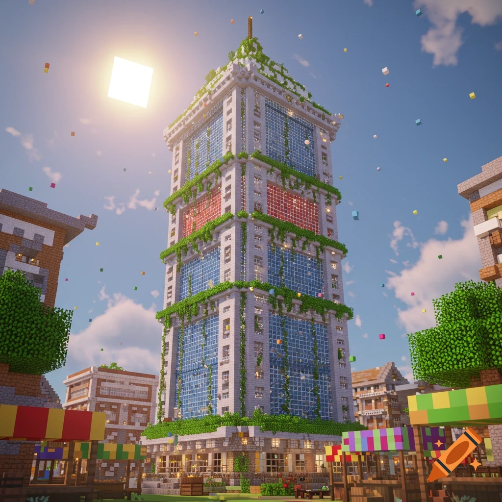 Minecraft style skyscraper with blue and red windows and green vines ...